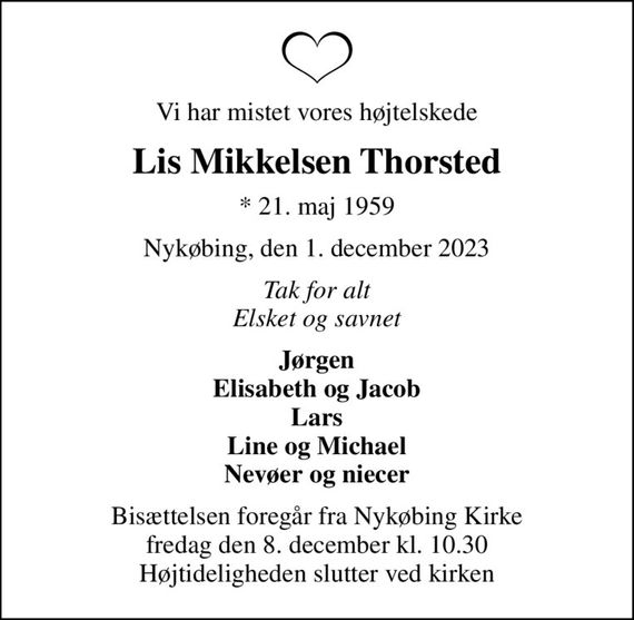 Lis Mikkelsen Thorsted | Dødsannoncer i Danmark