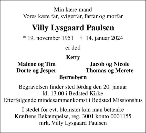 Villy Lysgaard Paulsen | Dødsannoncer i Danmark