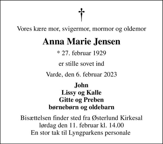 Anna Marie Jensen | Dødsannoncer i Danmark