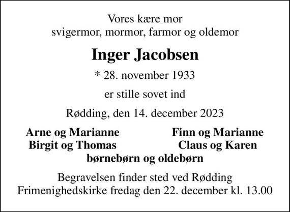Inger Jacobsen | Dødsannoncer i Danmark