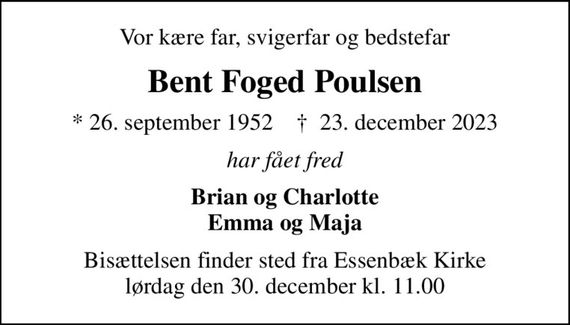 Bent Foged Poulsen | Dødsannoncer i Danmark