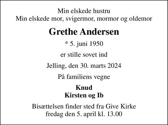 Grethe Andersen | Dødsannoncer i Danmark