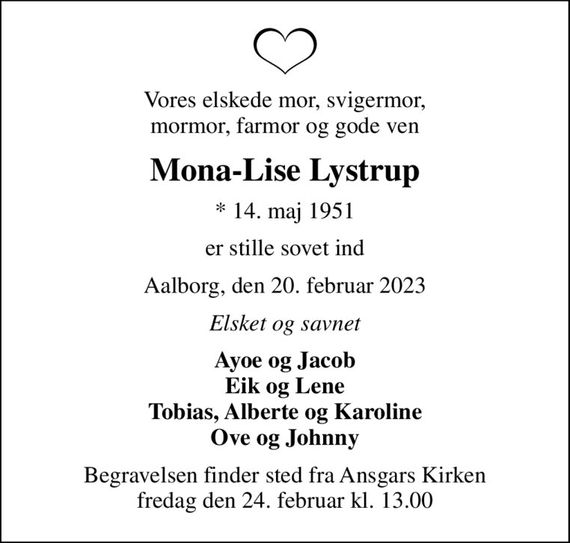 Mona-Lise Lystrup | Dødsannoncer i Danmark