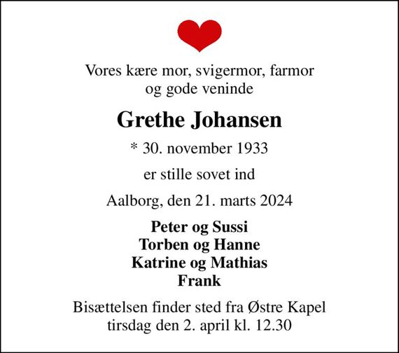 Grethe Johansen | Dødsannoncer i Danmark