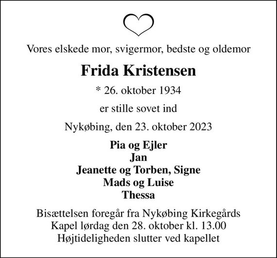 Frida Kristensen | Dødsannoncer i Danmark