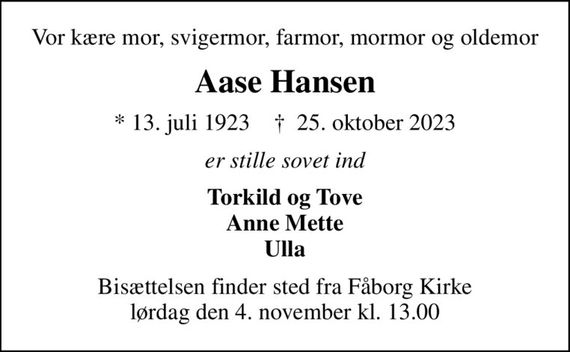 Aase Hansen | Dødsannoncer i Danmark
