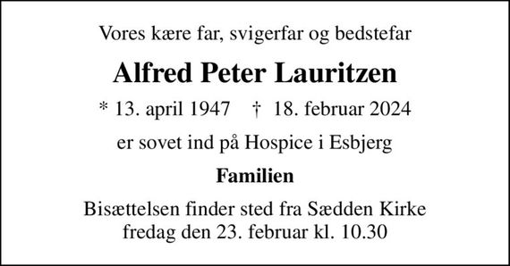 Alfred Peter Lauritzen | Dødsannoncer i Danmark