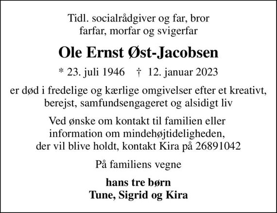 Ole Ernst Øst-Jacobsen | Dødsannoncer i Danmark