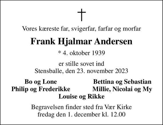 Frank Hjalmar Andersen | Dødsannoncer i Danmark