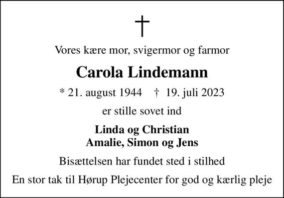Carola Lindemann | Dødsannoncer i Danmark