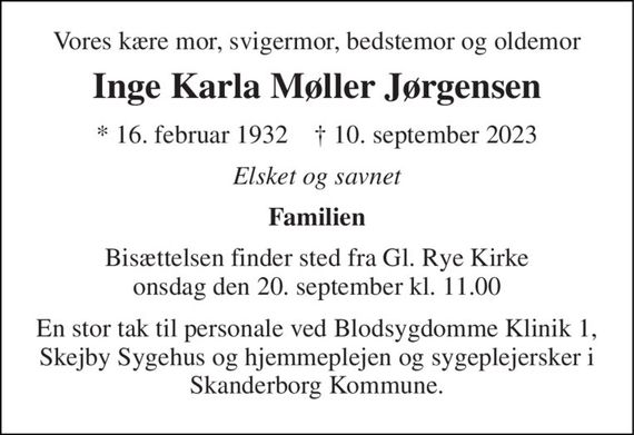 Inge Karla Møller Jørgensen | Dødsannoncer i Danmark