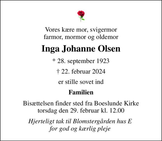 Inga Johanne Olsen | Dødsannoncer i Danmark