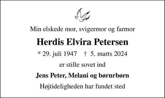 Herdis Elvira Petersen | Dødsannoncer i Danmark