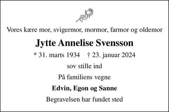 Jytte Annelise Svensson | Dødsannoncer i Danmark