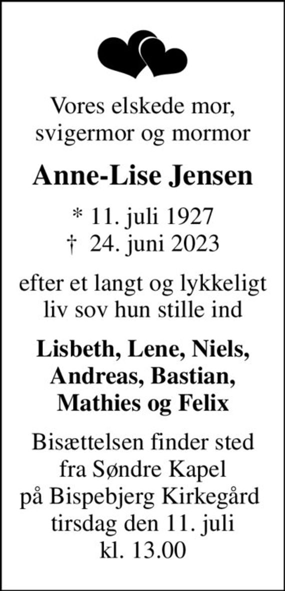 Anne-Lise Jensen | Dødsannoncer i Danmark