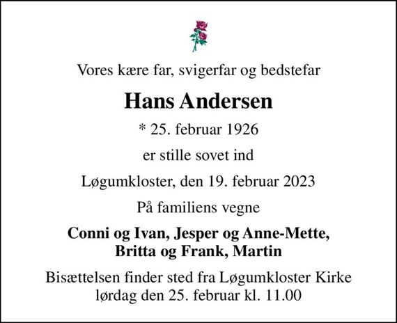 Hans Andersen | Dødsannoncer i Danmark