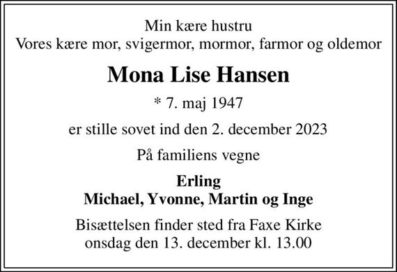 Mona Lise Hansen | Dødsannoncer i Danmark