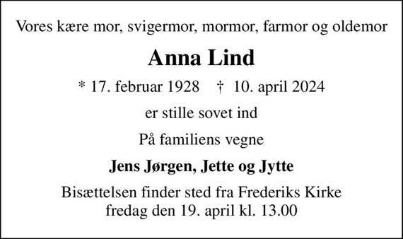 Anna Kirstine Lind | Dødsannoncer i Danmark