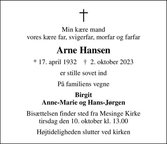 Arne Hansen | Dødsannoncer i Danmark