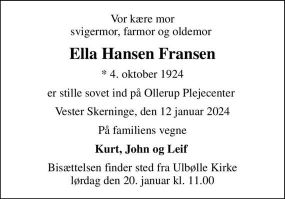 Ella Hansen Fransen | Dødsannoncer i Danmark