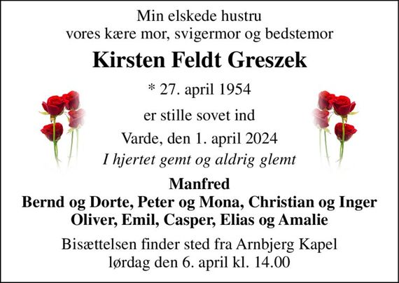 Kirsten Feldt Greszek | Dødsannoncer i Danmark