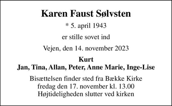 Karen Faust Sølvsten | Dødsannoncer i Danmark