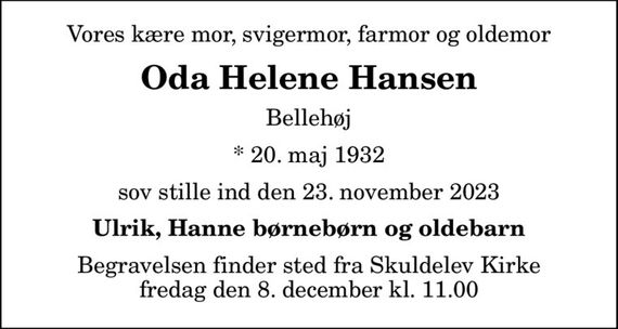 Oda Helene Hansen | Dødsannoncer i Danmark