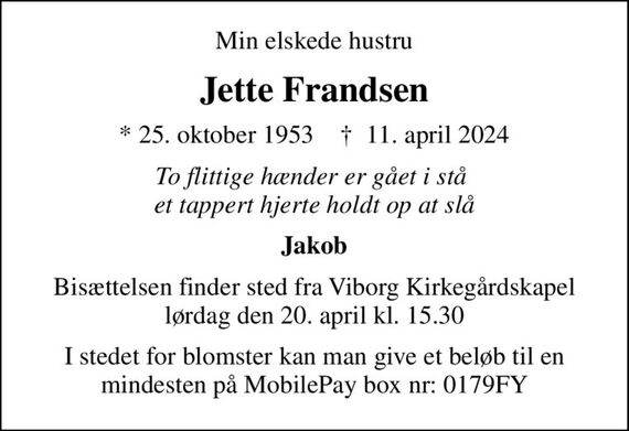 Jette Irene Frandsen | Dødsannoncer i Danmark