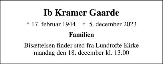 Ib Kramer Gaarde | Dødsannoncer i Danmark