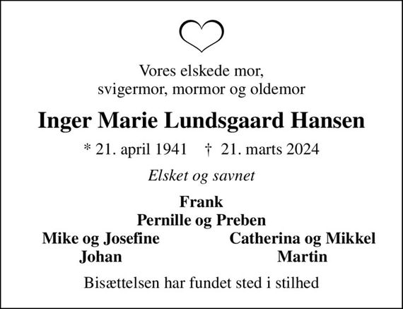 Inger Marie Lundsgaard Hansen | Dødsannoncer i Danmark