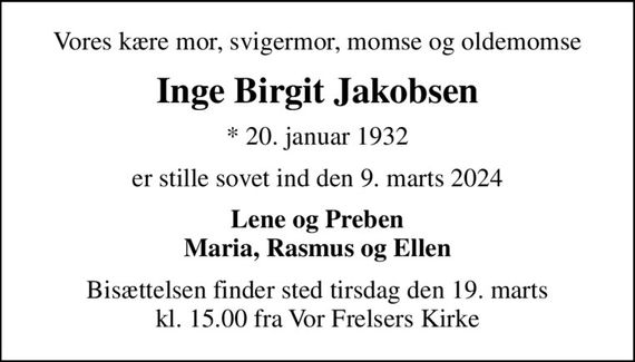Inge Birgit Jakobsen | Dødsannoncer i Danmark