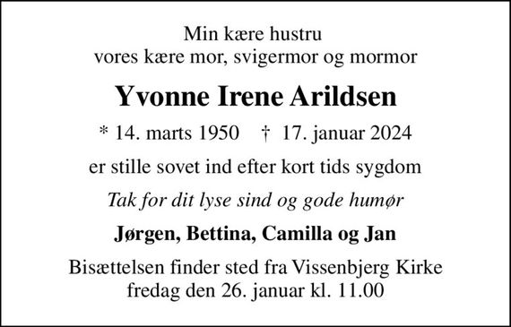 Yvonne Irene Arildsen | Dødsannoncer i Danmark