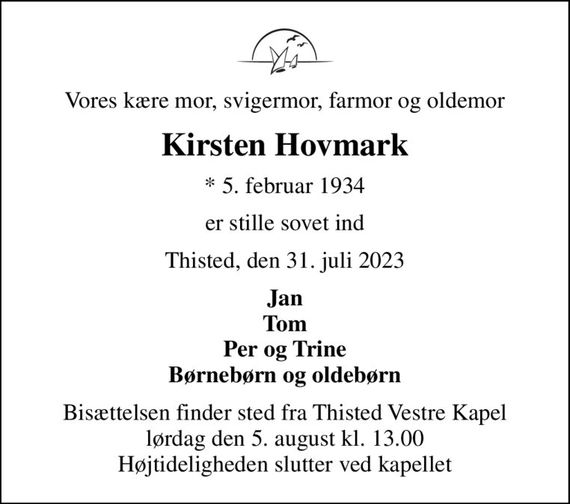 Kirsten Elisabeth Hovmark | Dødsannoncer i Danmark