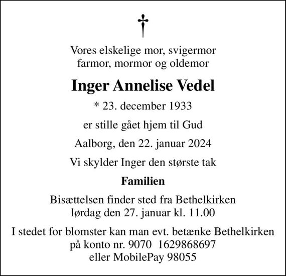 Inger Annelise Vedel | Dødsannoncer i Danmark