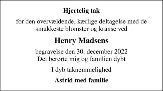 Henry Madsen | Dødsannoncer i Danmark
