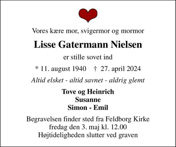 Lisse Gatermann Nielsen | Dødsannoncer i Danmark