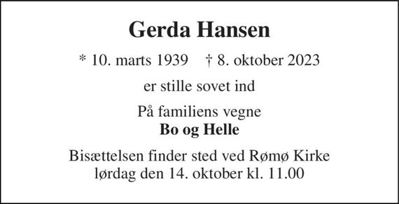 Gerda Hansen | Dødsannoncer i Danmark