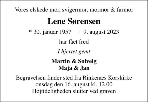 Lene Sørensen | Dødsannoncer i Danmark
