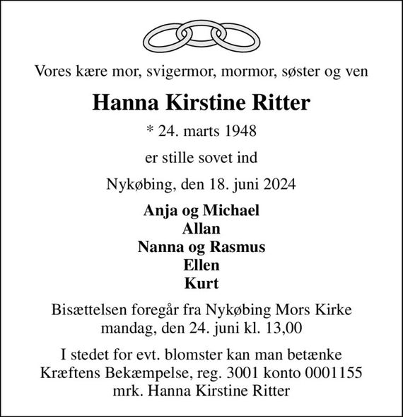 Hanna Kirstine Ritter | Dødsannoncer i Danmark