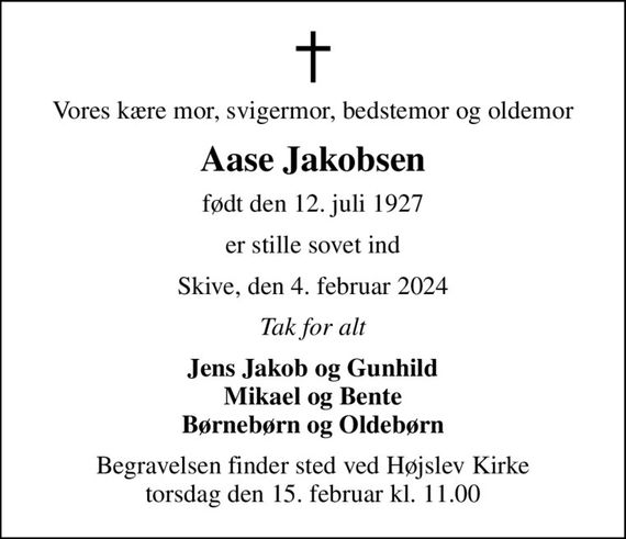 Aase Jakobsen | Dødsannoncer i Danmark