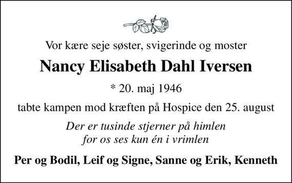 Nancy Elisabeth Dahl Iversen | Dødsannoncer i Danmark