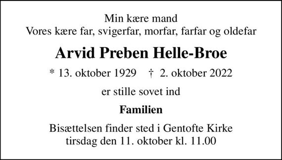 Arvid Preben Helle-Broe | Dødsannoncer i Danmark