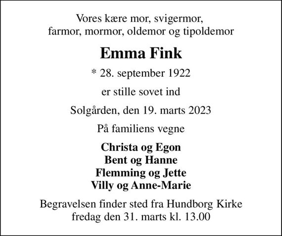 Emma Fink | Dødsannoncer i Danmark