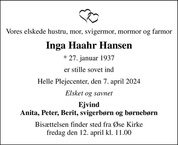 Inga Haahr Hansen | Dødsannoncer i Danmark