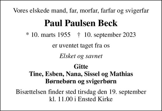 Paul Paulsen Beck | Dødsannoncer i Danmark
