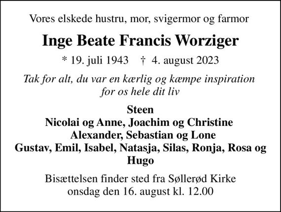 Inge Beate Francis Worziger | Dødsannoncer i Danmark