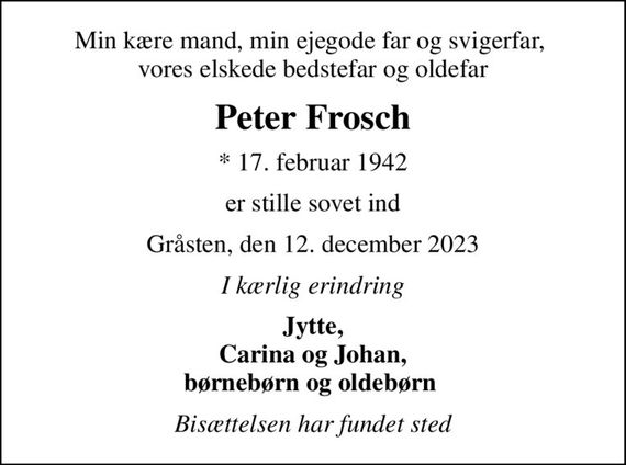 Peter Frosch | Dødsannoncer i Danmark