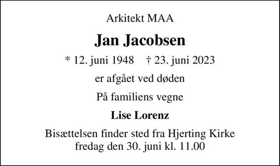 Jan Jacobsen | Dødsannoncer i Danmark