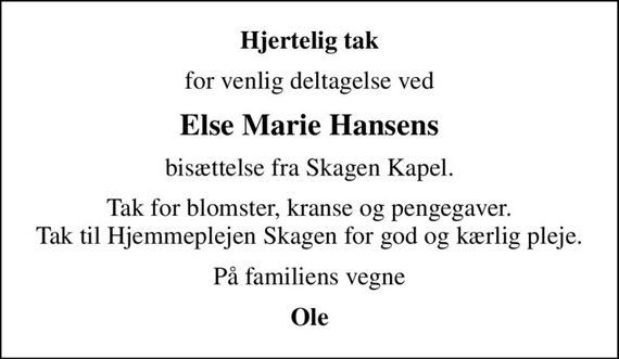 Else Marie Hansen | Dødsannoncer i Danmark