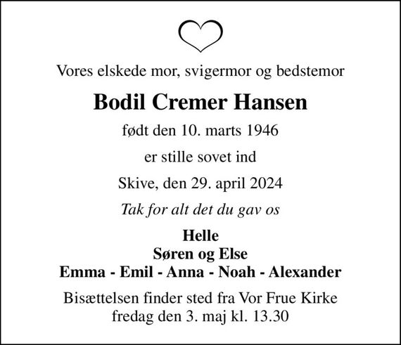 Bodil Cremer Hansen | Dødsannoncer i Danmark